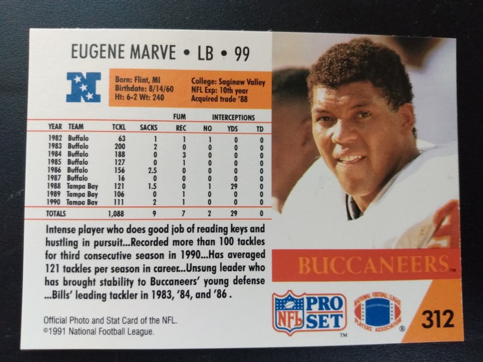 Eugene Marve Tampa Bay Buccaneers Linebacker NFL 1991 Pro Set #312 | eBay