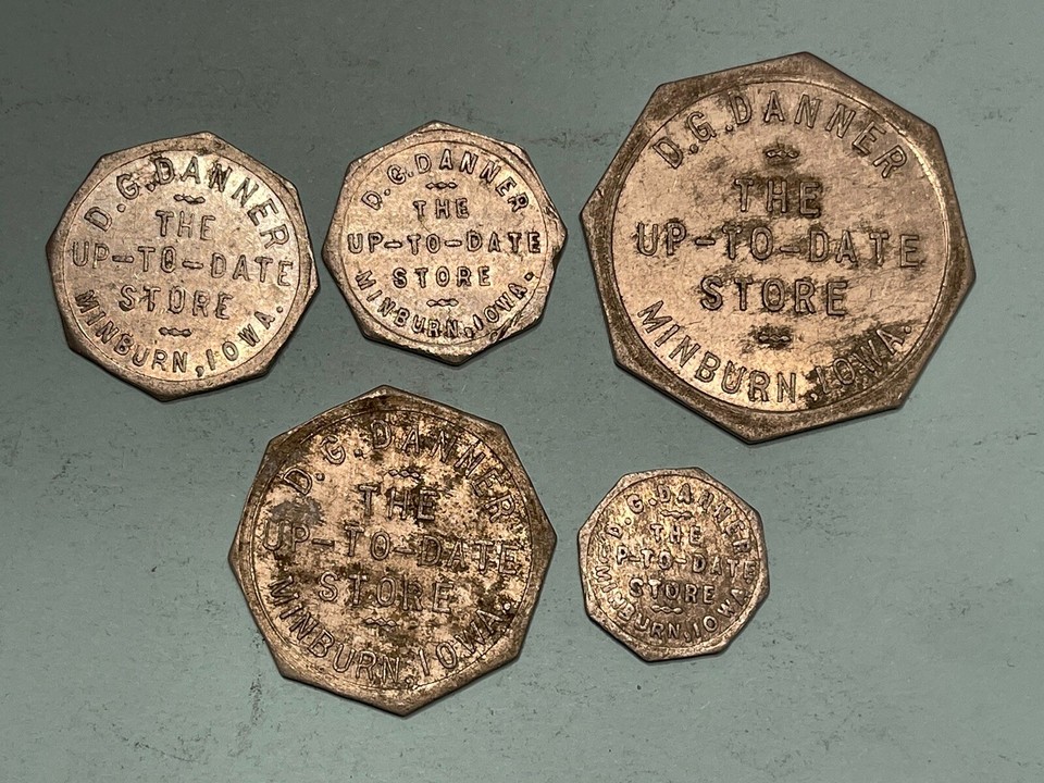 Early US Minburn Iowa Tiny Town D G Banner Store 5 Trade Tokens Set ...