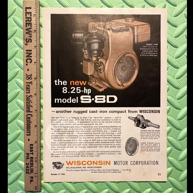 Original 1963 Wisconsin Engines Print Ad. S-8D. S8D. Air-Cooled ...