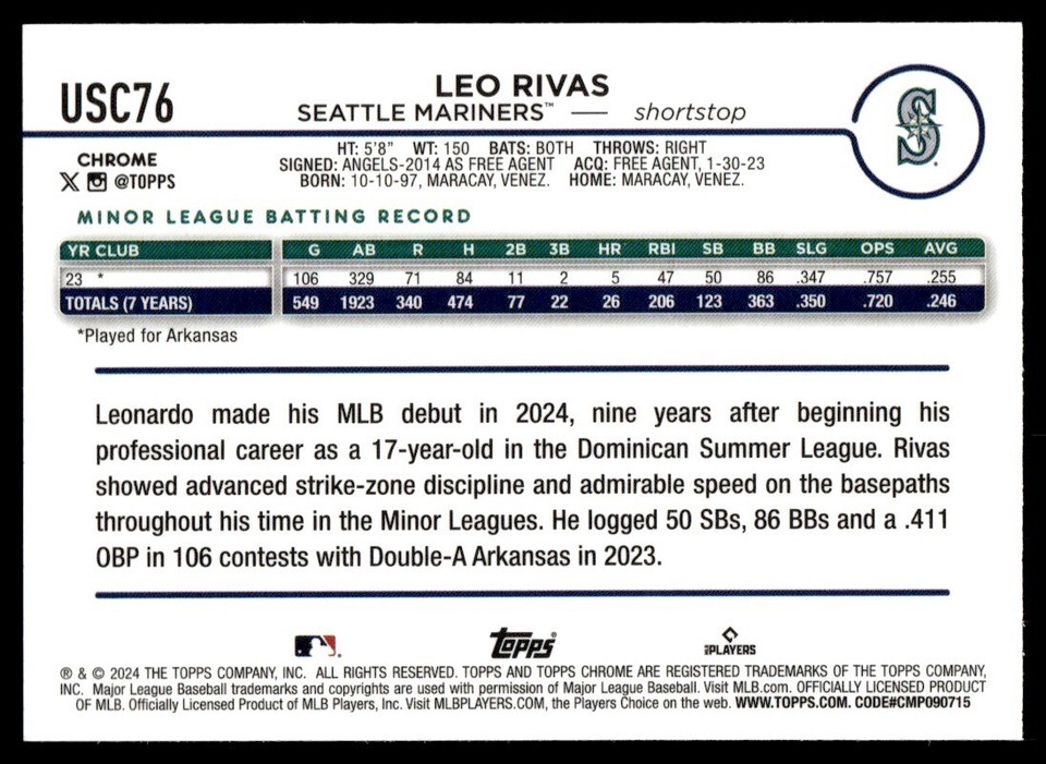 LEO RIVAS 2024 Topps Chrome Update Rookie X Fractor Refractor Card RC # ...