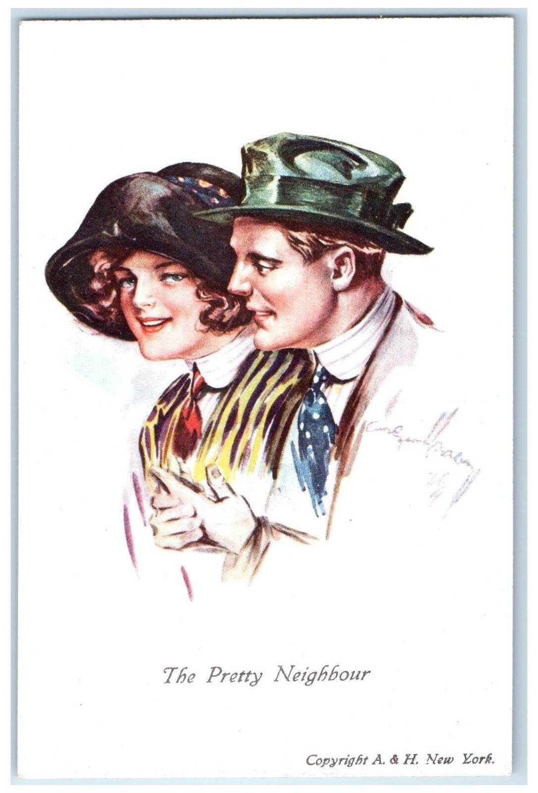 c1910's The Pretty Neighbour Couple Romance With Hat Unposted Antique ...
