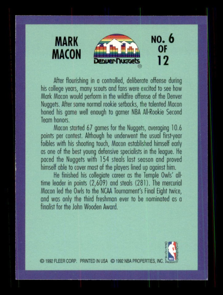 1992 Basketball Fleer Mark Macon Denver Nuggets #6 RS8 | eBay