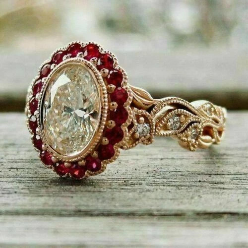 3Ct Oval Cut Lab Created Diamond & Red Ruby Engagement Ring 14K Rose ...