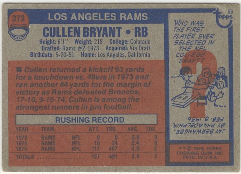 CULLEN BRYANT RC 1976 Topps #373 ROOKIE LA Rams ID:6494 | eBay