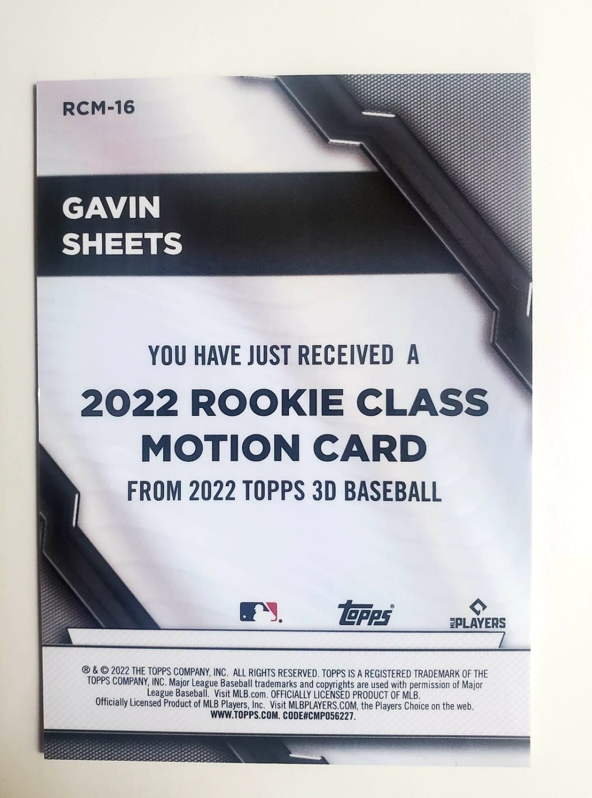 2022 Topps MLB 3D Gavin Sheets RC Rookie Class Motion Chicago White Sox ...