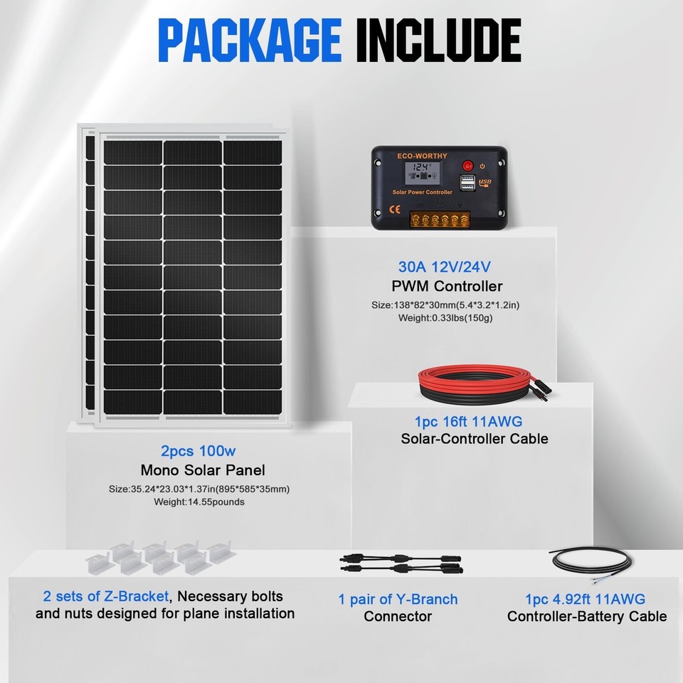 ECO-WORTHY 200 Watts 12 Volt/24 Volt Solar Panel Kit with High ...