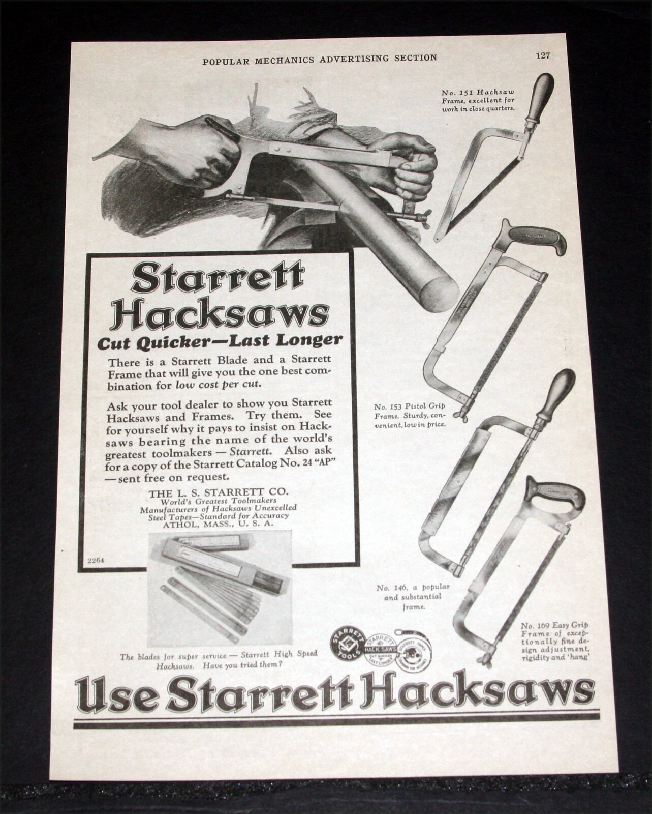1929 OLD MAGAZINE PRINT AD, STARRETT HACKSAWS, CUT QUICKER AND LAST ...