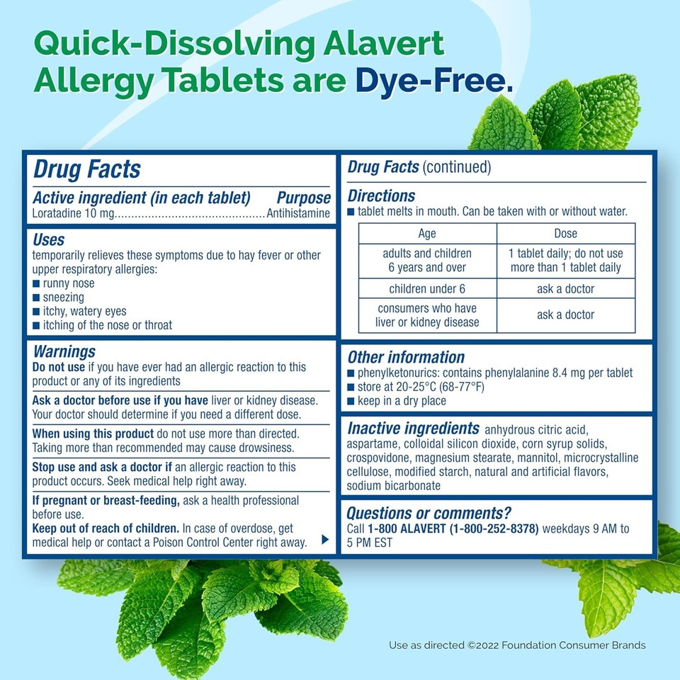 Alavert Allergy 24 Hour Relief, Fresh Mint Flavor, Orally ...