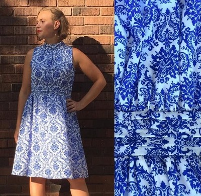 Azalea White & Royal Blue Damask Print Sleeveless Summer Dress, size M ...