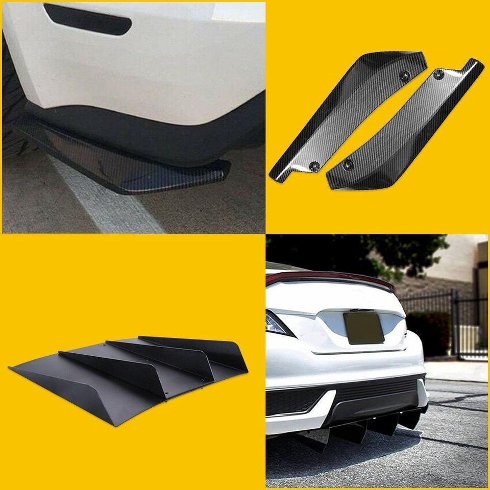 Rear 4 Fins Diffuser Bumper Lip Chin Spoiler Splitter+ Carbon Fiber ...