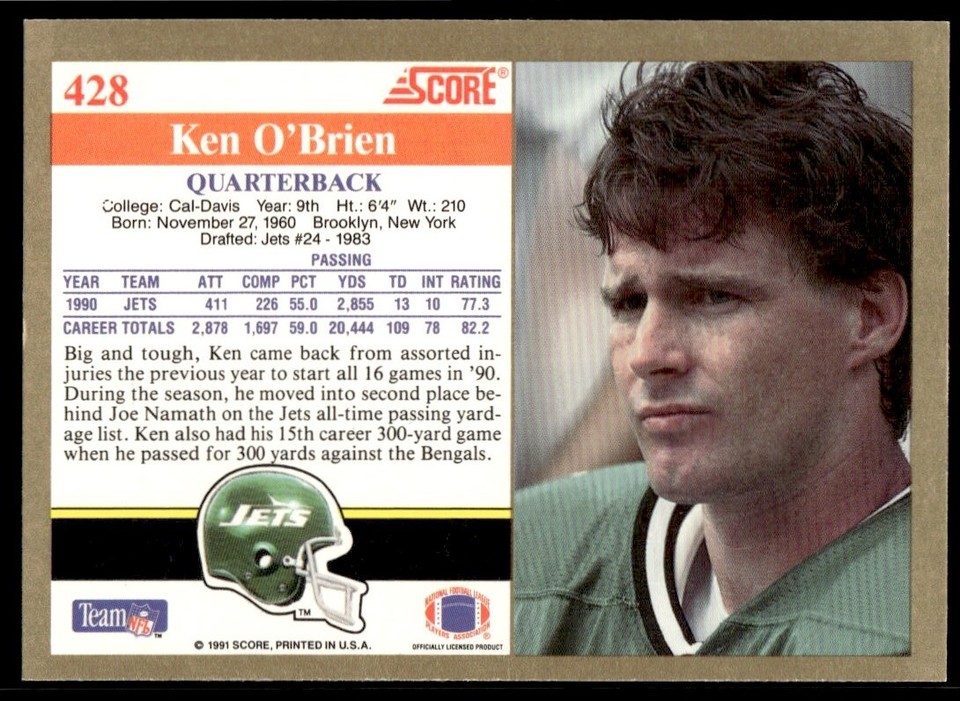 1991 Score Ken O'Brien Rookie G47 New York Jets #428 | eBay