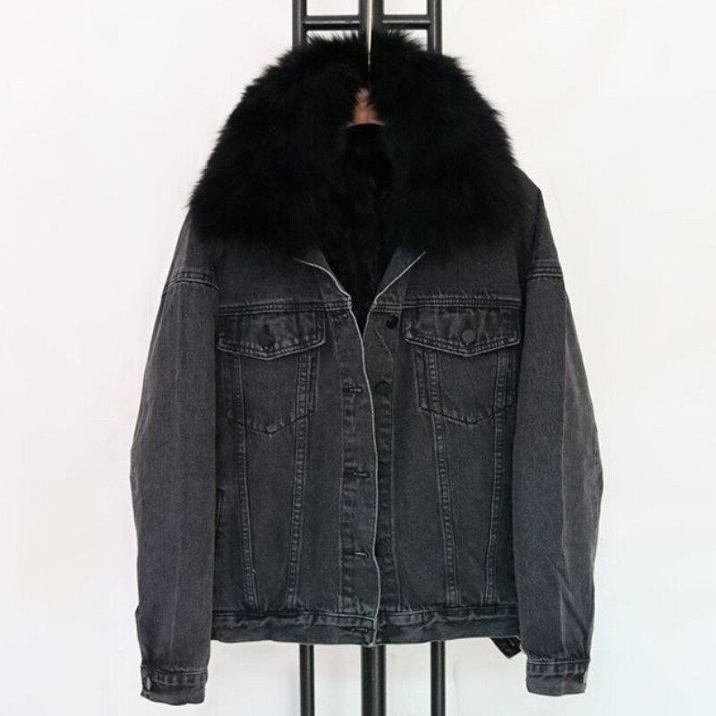 Lady Faux Fur Lined Denim Jacket Warm Coat Thick Fluffy Furry Collar ...