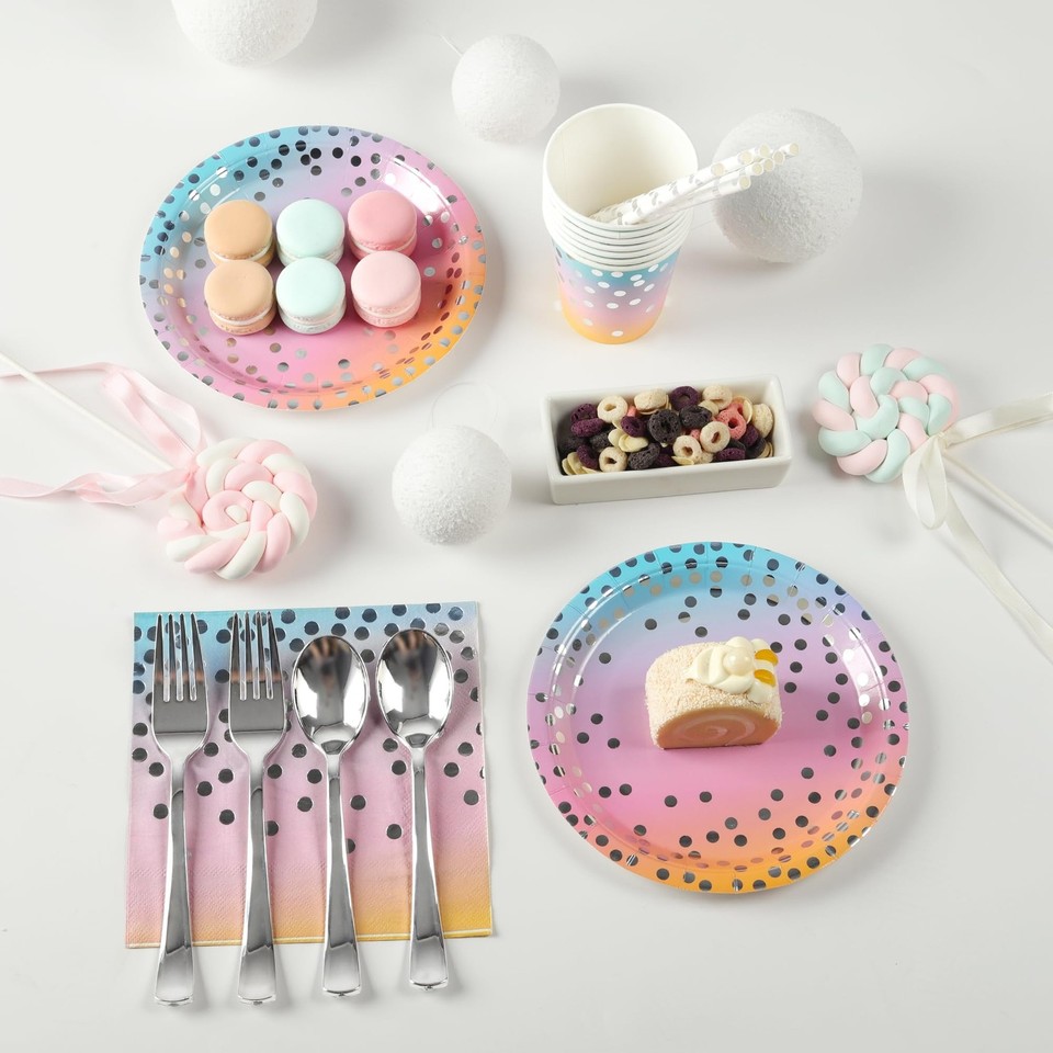 Rainbow Disposable Party Dinnerware Set, 192 pcs Pastel Paper Plates ...