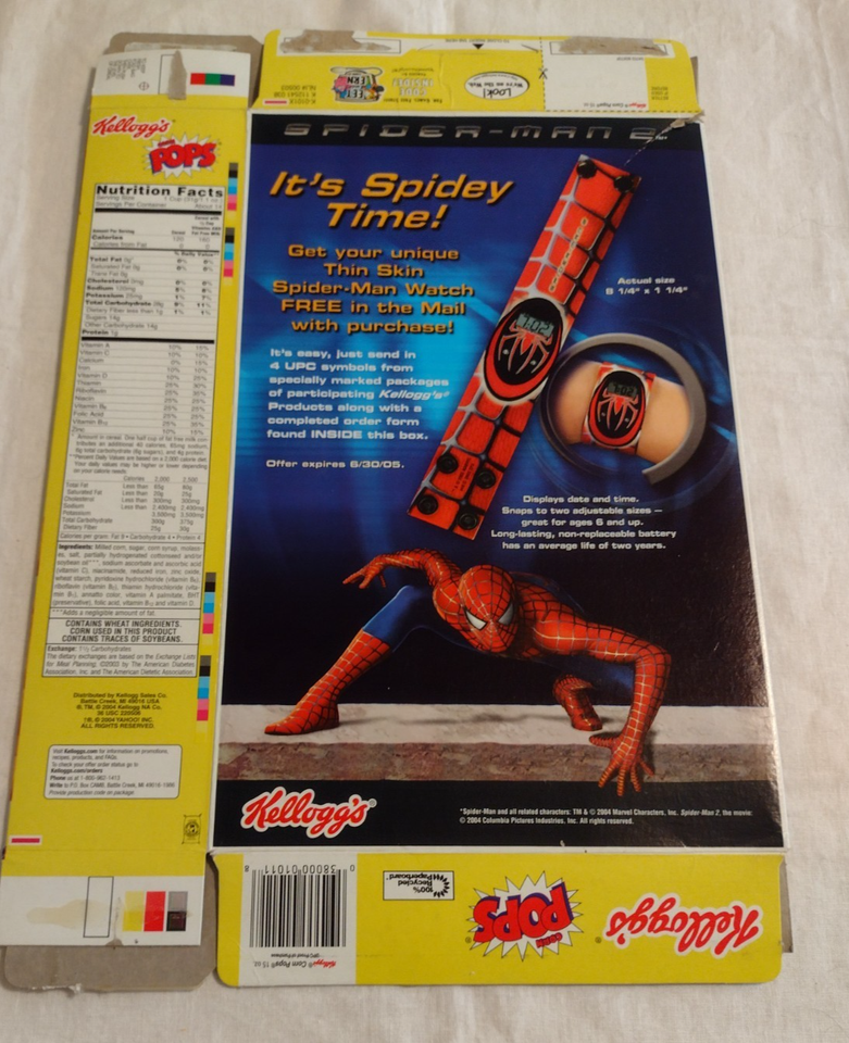 2003 KELLOGS CORN POPS SPIDER MAN ADVERTISING WATCH FLATTENED BOX | eBay