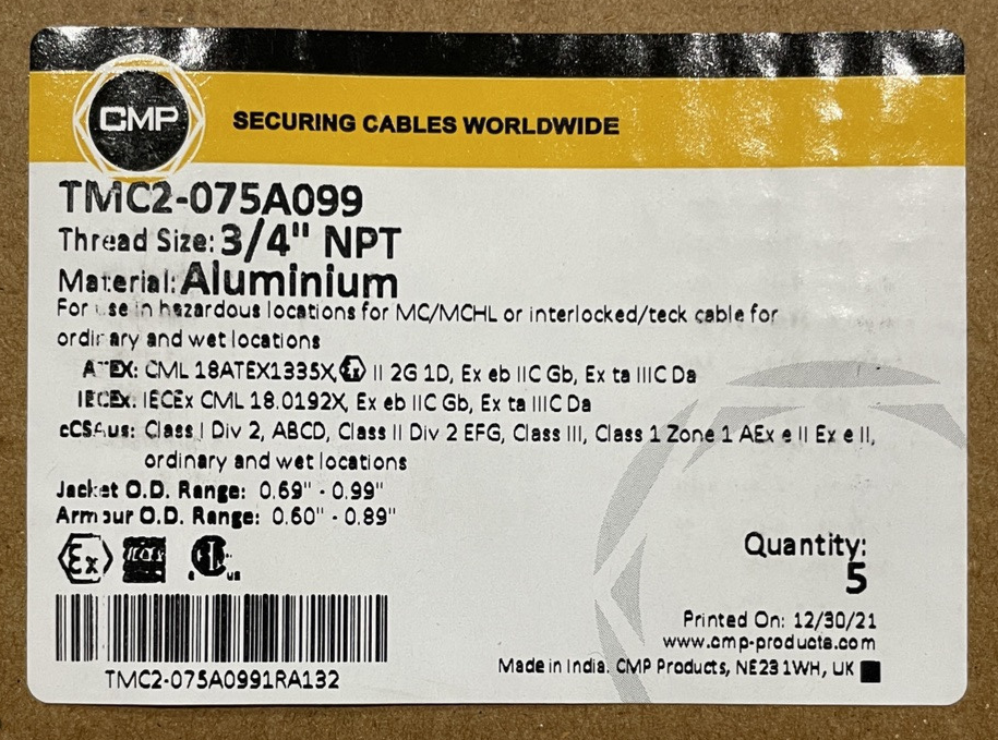 CMP Aluminum TMC2-075A099 3/4" NPT Hazardous Location Cable Gland for ...