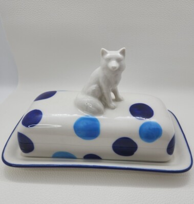Anthropologie Dotty Fox Butter Dish Blue Polka Dots Blue Navy White | eBay