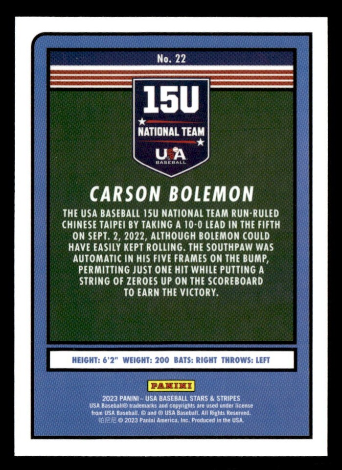 Carson Bolemon 2023 Panini USA Baseball Stars & Stripes Card #22 USA | eBay