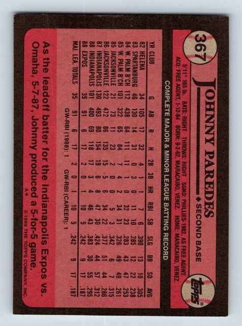 1989 Topps - #367 Johnny Paredes for sale online | eBay