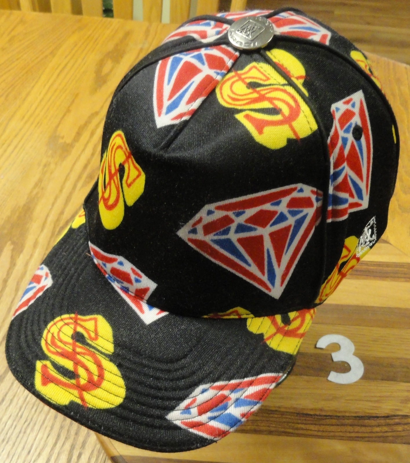 WIDE BRIM SKATEBOARDER HAT WITH DOLLAR SYMBOLS AND DIAMONDS SNAPBACK 3 ...