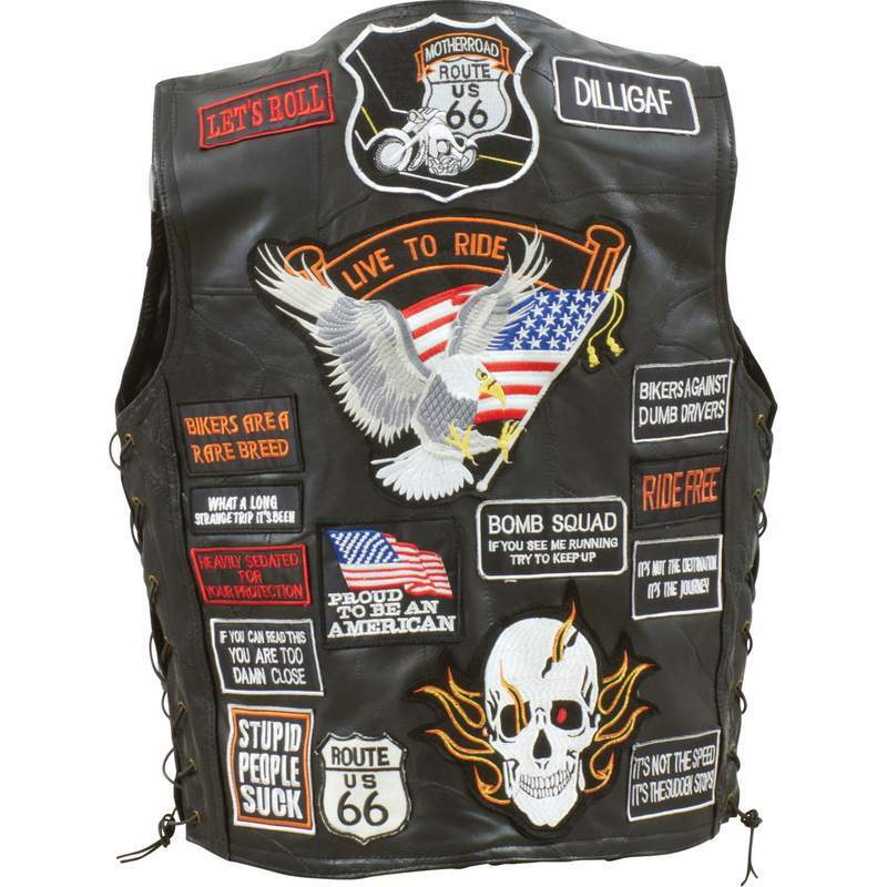 VEST LEATHER Biker Black Buffalo Motorcycle w/ 42 Patches US Flag Eagle ...