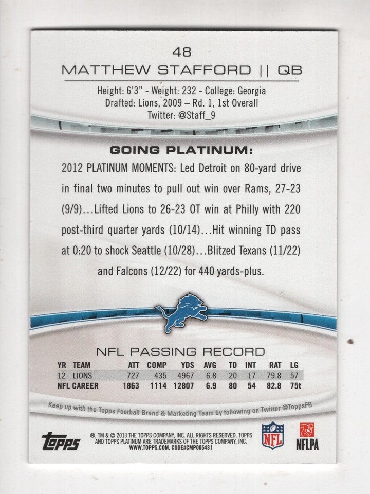 2013 Topps Platinum Matthew Stafford Sapphire Foil #48 | eBay