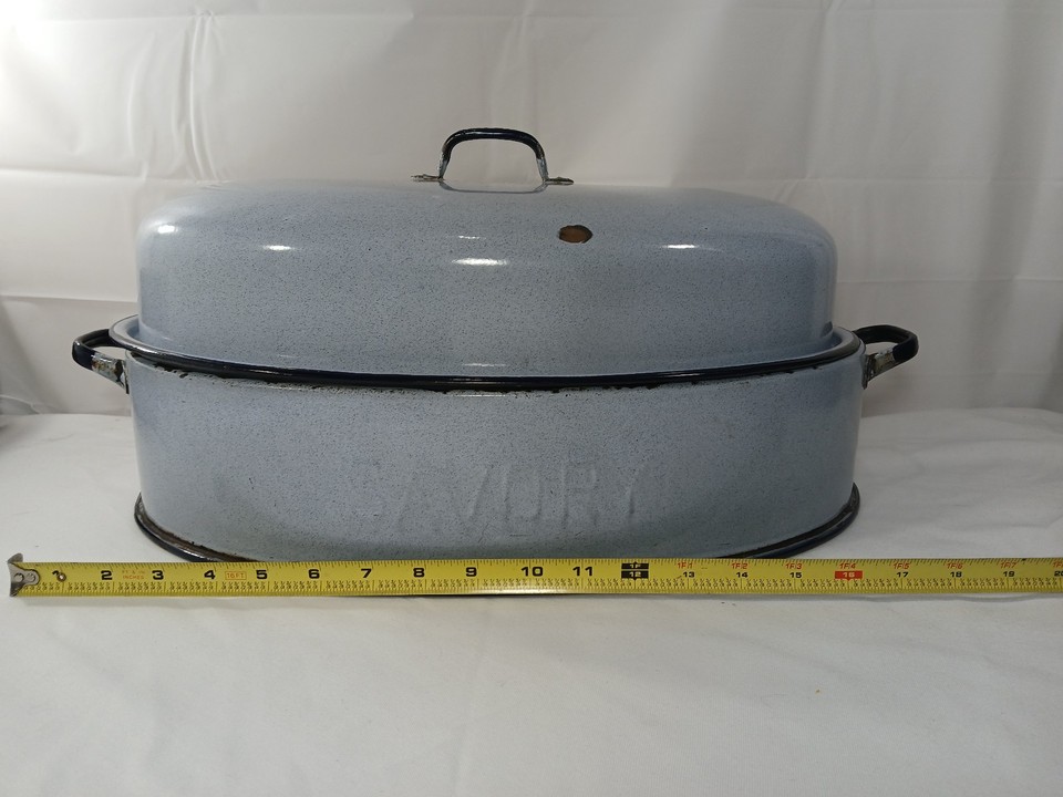 Vintage Savory Turkey Roaster Roasting Pan Enamel Double Wall Lightblue ...