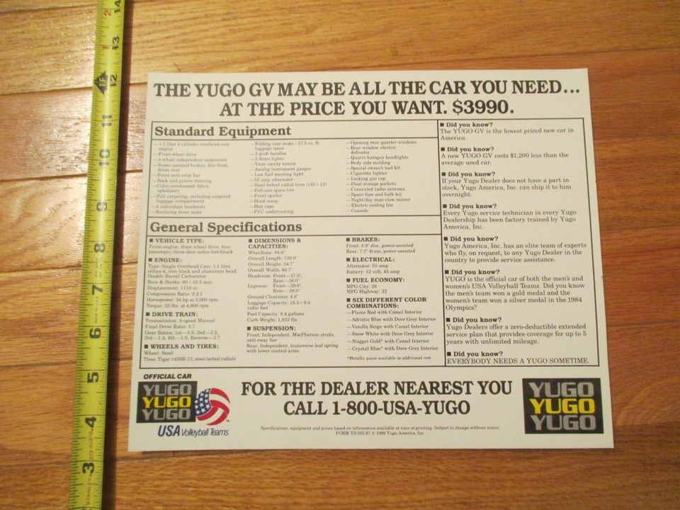1986 Yugo $3990 Car Auto Dealer showroom Sales Brochure | eBay
