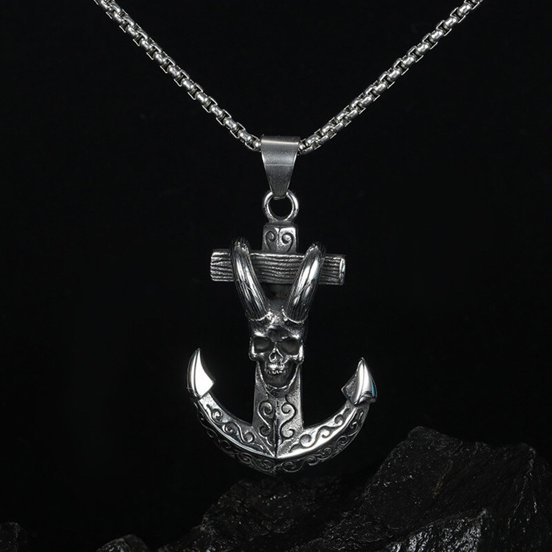 Mens Vintage Satanic Devil Skull Anchor Pendant Necklace Stainless ...