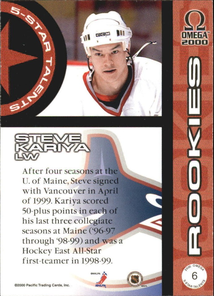 1999-00 (CANUCKS) Pacific Omega 5 Star Talents #6 Steve Kariya | eBay