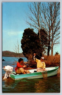 Vintage Fishing Postcard Fisherman in Boat Catching Fish on Lake USA ...