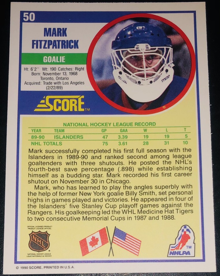 1990-91 Score Canadian Mark Fitzpatrick Rookie New York Islanders #102A ...