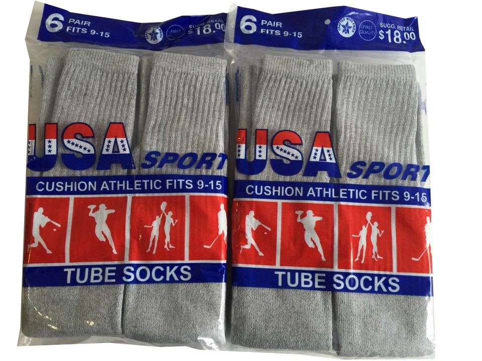 12 Pairs New White Mens Athletic Sports Crew TUBE Socks 9-15 Made In ...