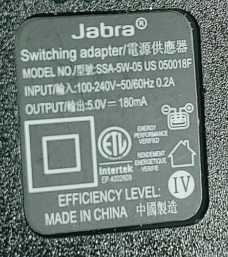 Jabra SSA-5W-05 Power Supply AC Adapter Charger, 120vac - 5.0vdc, 180ma ...