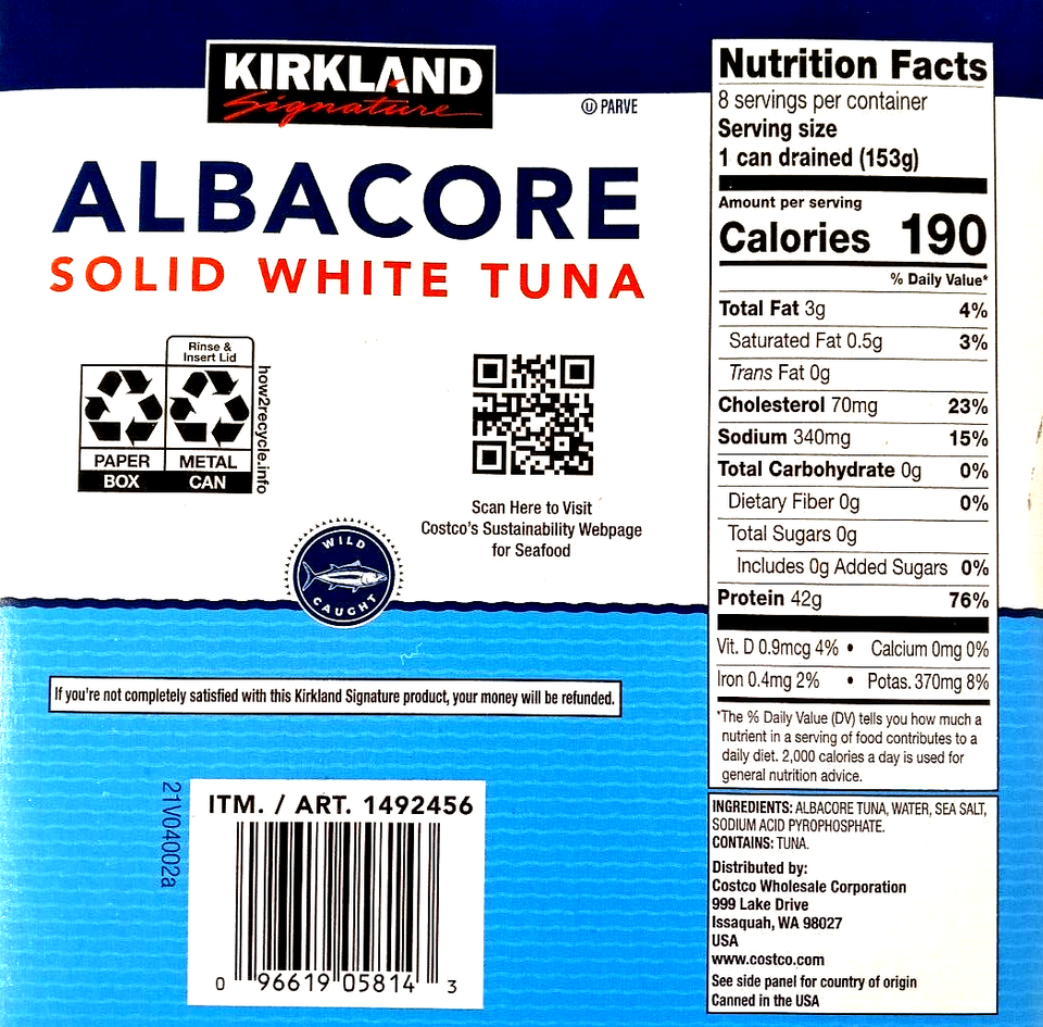 Kirkland Signature Albacore Solid White Tuna in Water 8 x 7 Oz Cans EXP ...