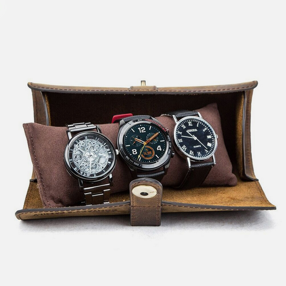 3 Slot Genuine Leather Watch Roll Display Watch Storage Box Vintage ...