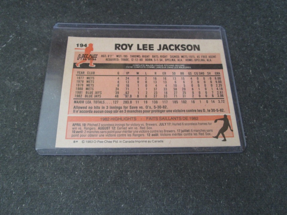 1983 OPC BASEBALL CARD / 194 ROY LEE JACKSON TORONTO BLUE JAYS O-PEE ...