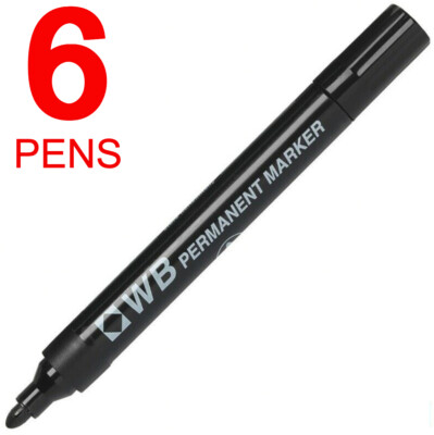 6 PERMANENT MARKER PENS Black BULLET TIP Waterproof WB PREMIUM BRAND ...