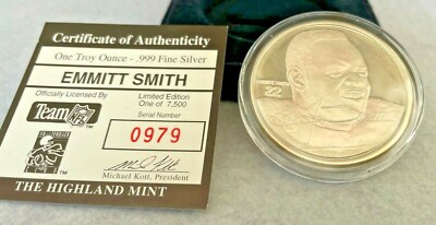 Highland Mint Emmitt Smith Collectors .999 Silver Coin One Troy Ounce ...