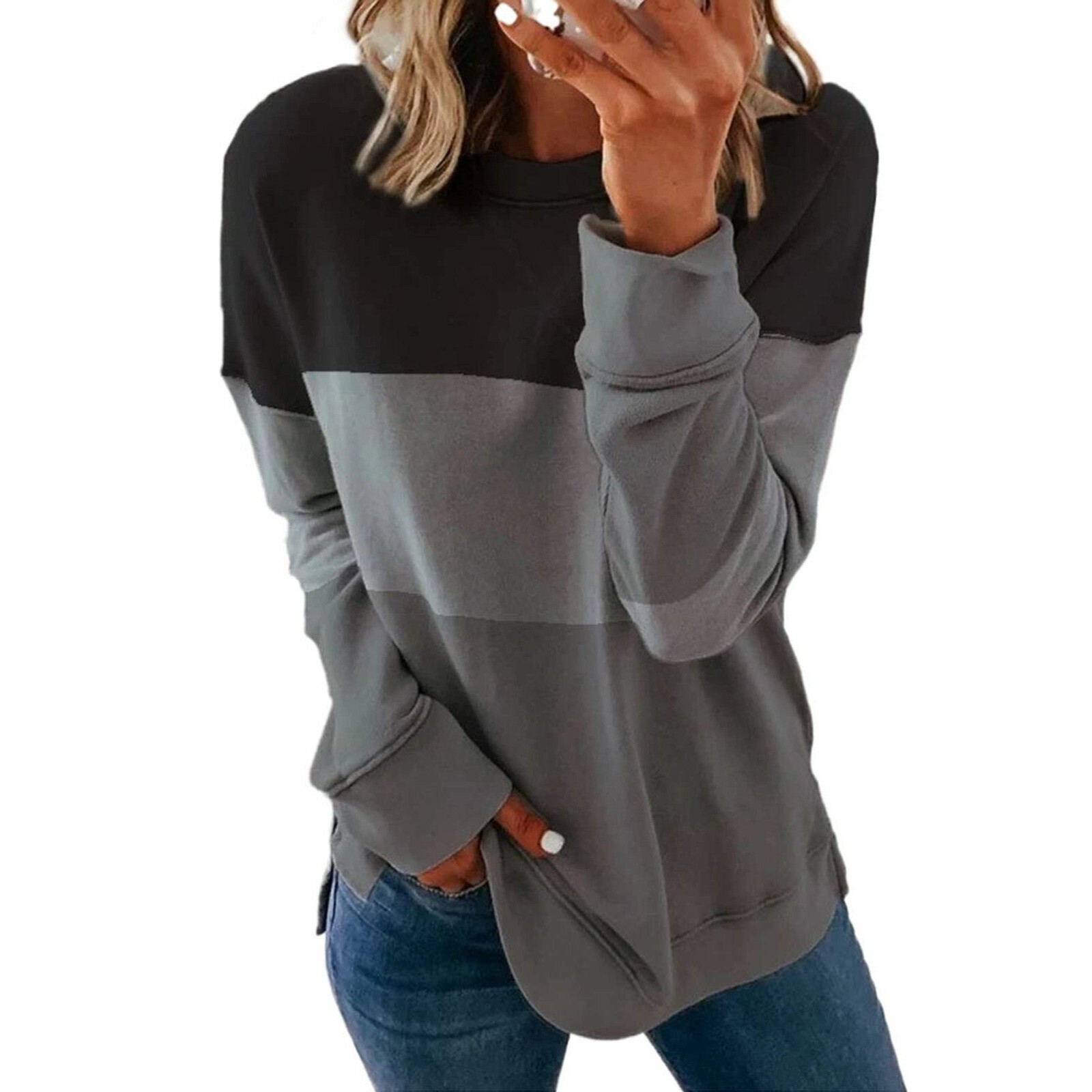 Women Casual Long Sleeve Colorblock T Shirt Blouse Loose Pullover Tunic ...