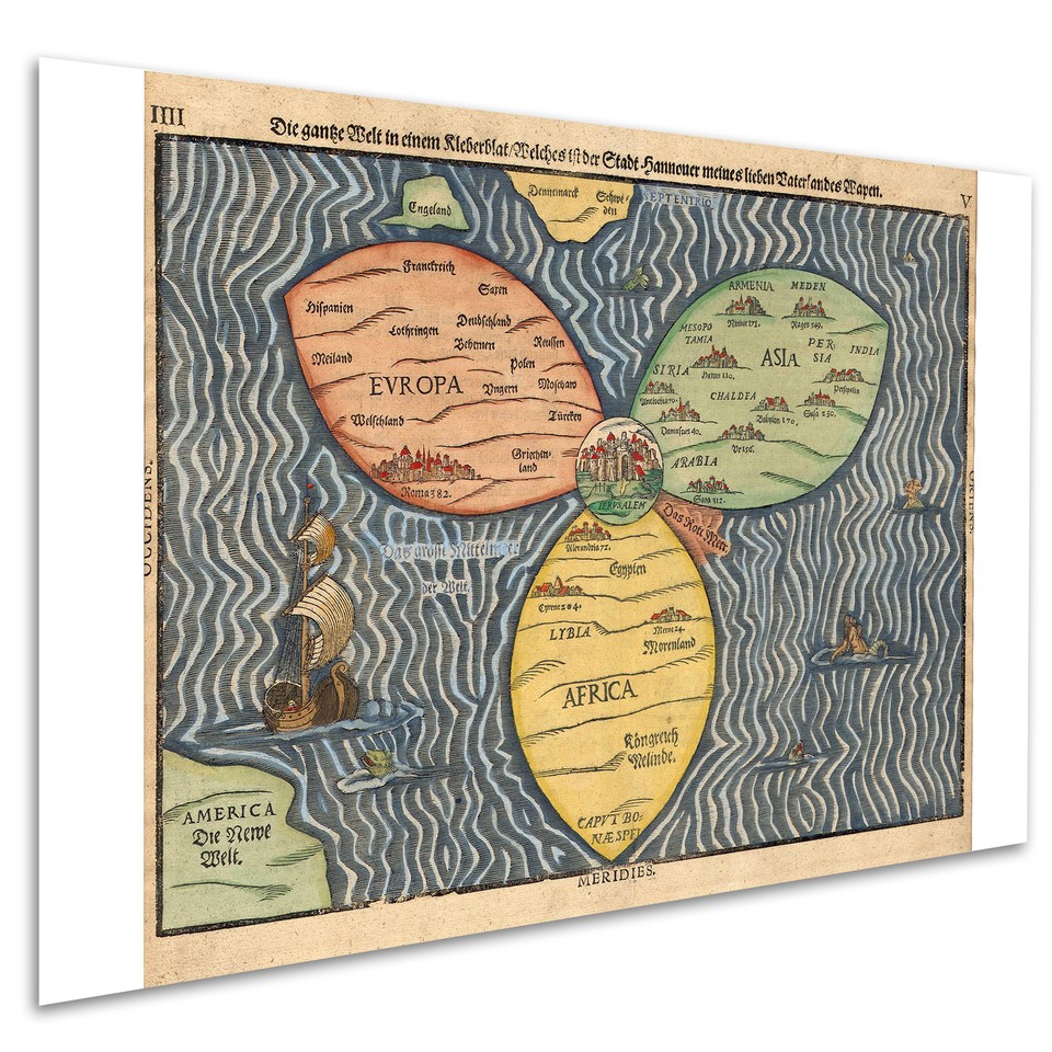 Bunting Clover Leaf Map; Historic World Map from Sacrae Scripturae ...