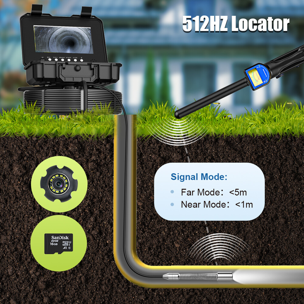 60M Drain Sewer Camera with Locator 512hz Pipe Inspection Camera 10.1 ...