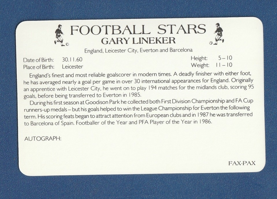GARY LINEKER 1989 Fax-Pax Soccer Card Football ENGLAND Everton ...
