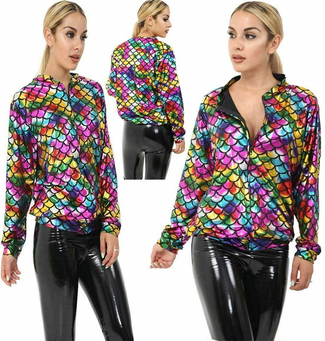 Women Mermaid Rainbow Fish Scale Bomber Jacket Ladies Festive Party ...