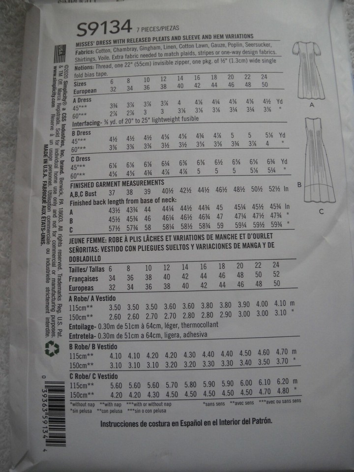 Dress with Pleats size 6-14 Simplicity 9134 Sewing Pattern * | eBay