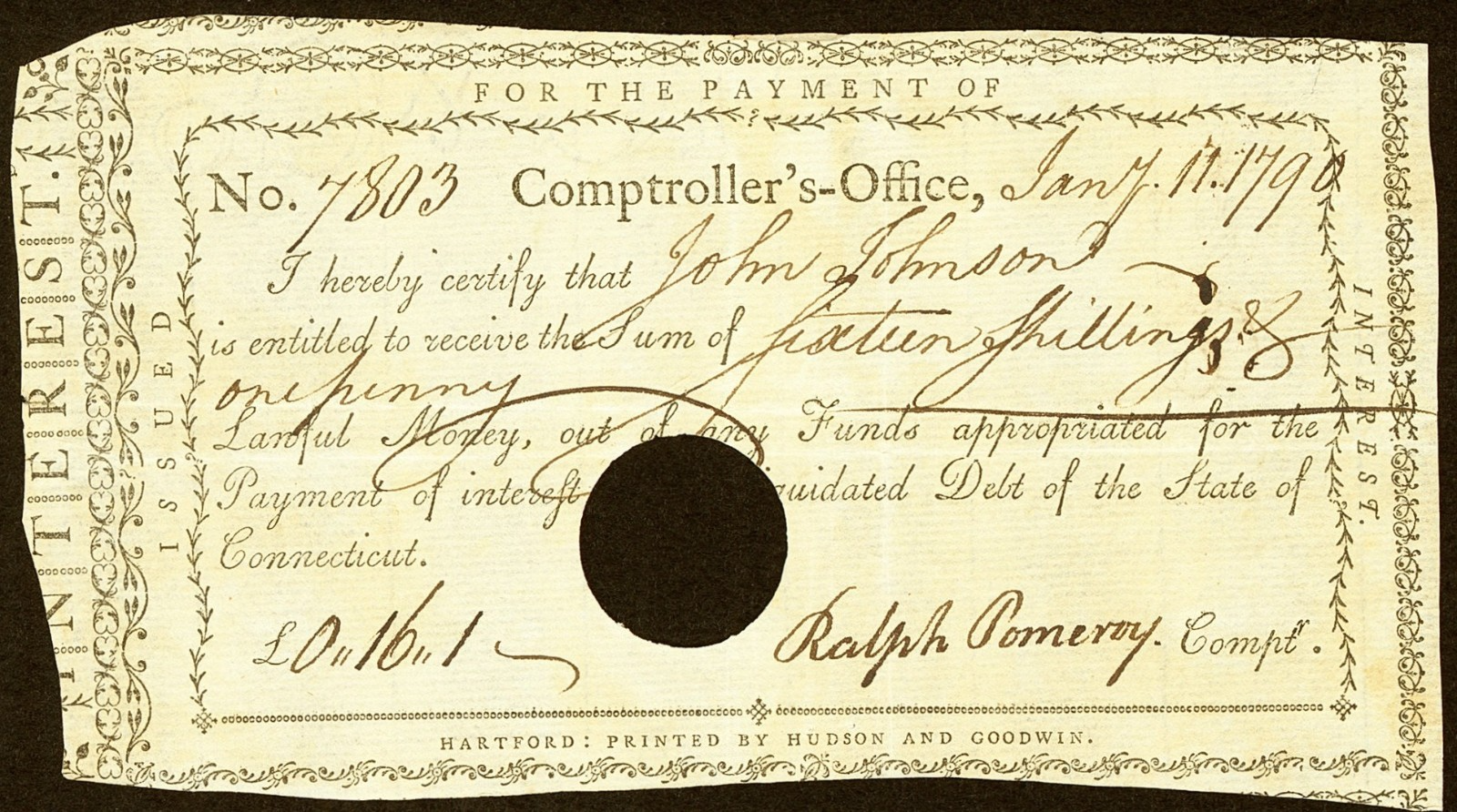 CT HARTFORD Connecticut Comptroller's Office Interest Certificate ...
