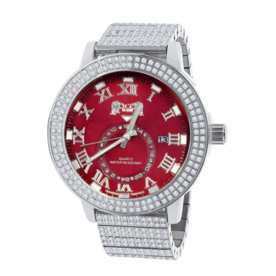Full Stainless Steel Real Diamond Ruby Red Dial 18K White Gold Watch W ...