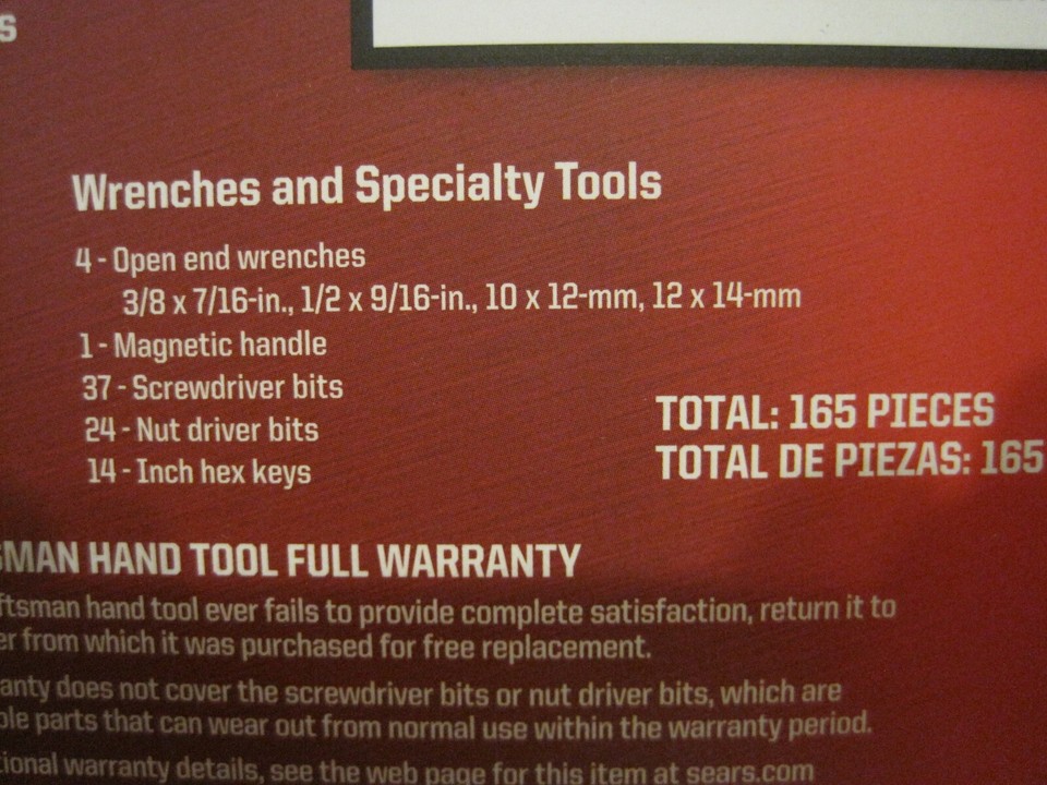 CRAFTSMAN 165 PIECE MECHANICS TOOL SET-CASE-SAE & METRIC #913170--NEW ...
