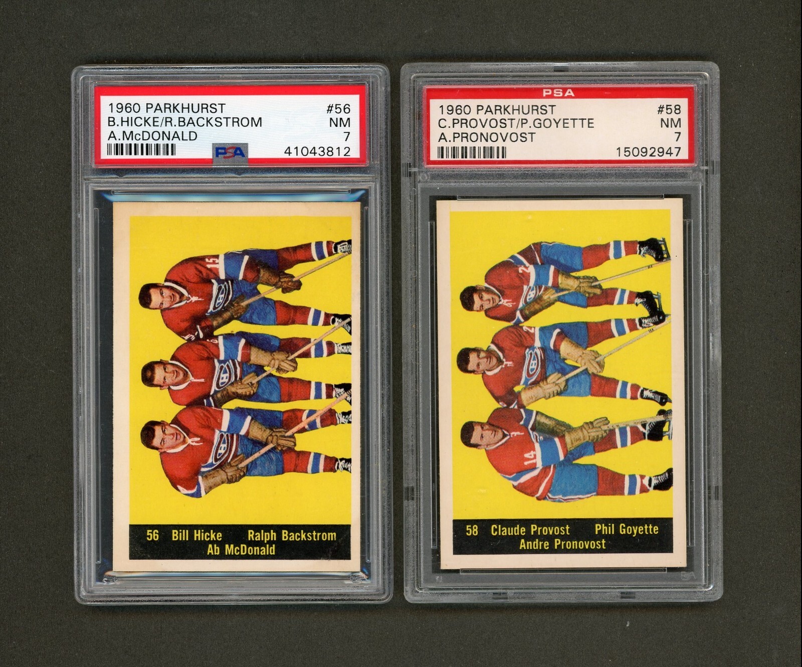 1960-61 PARKHURST HOCKEY MTL CANADIENS LINE CARDS (2) #56 PSA 7 NM, #58 ...