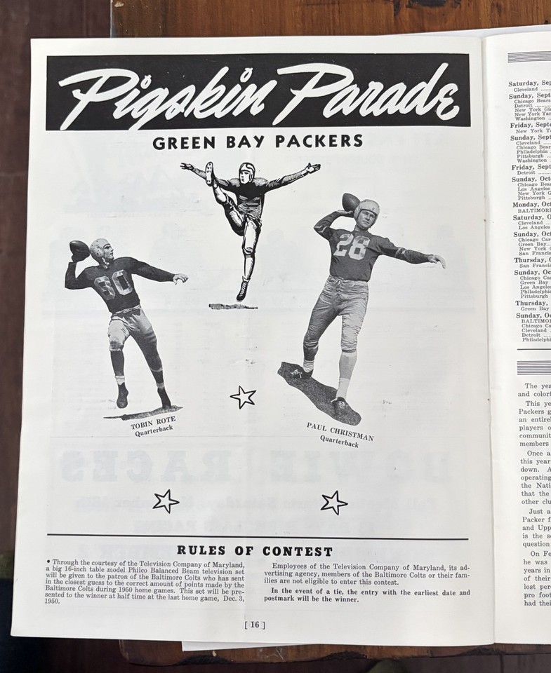 Vintage Green Bay Packers vs Baltimore Colts Nov, 5, 1950 game program ...