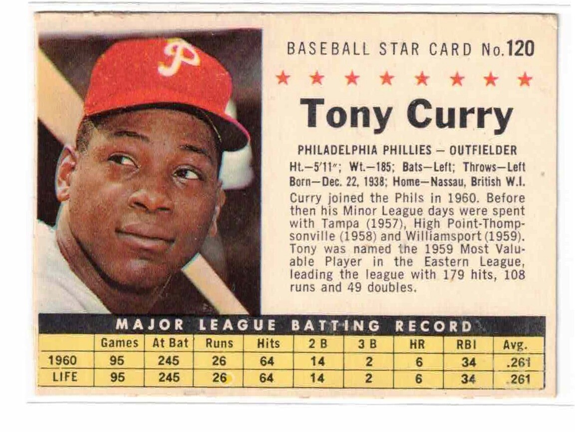 1961 Post #120, Tony Curry, Philadelphia Phillies, Company, No Creases ...